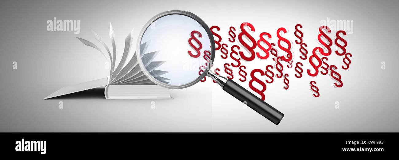 3D Magnifying glass over book with section symbol icons Stock Photo - Alamy