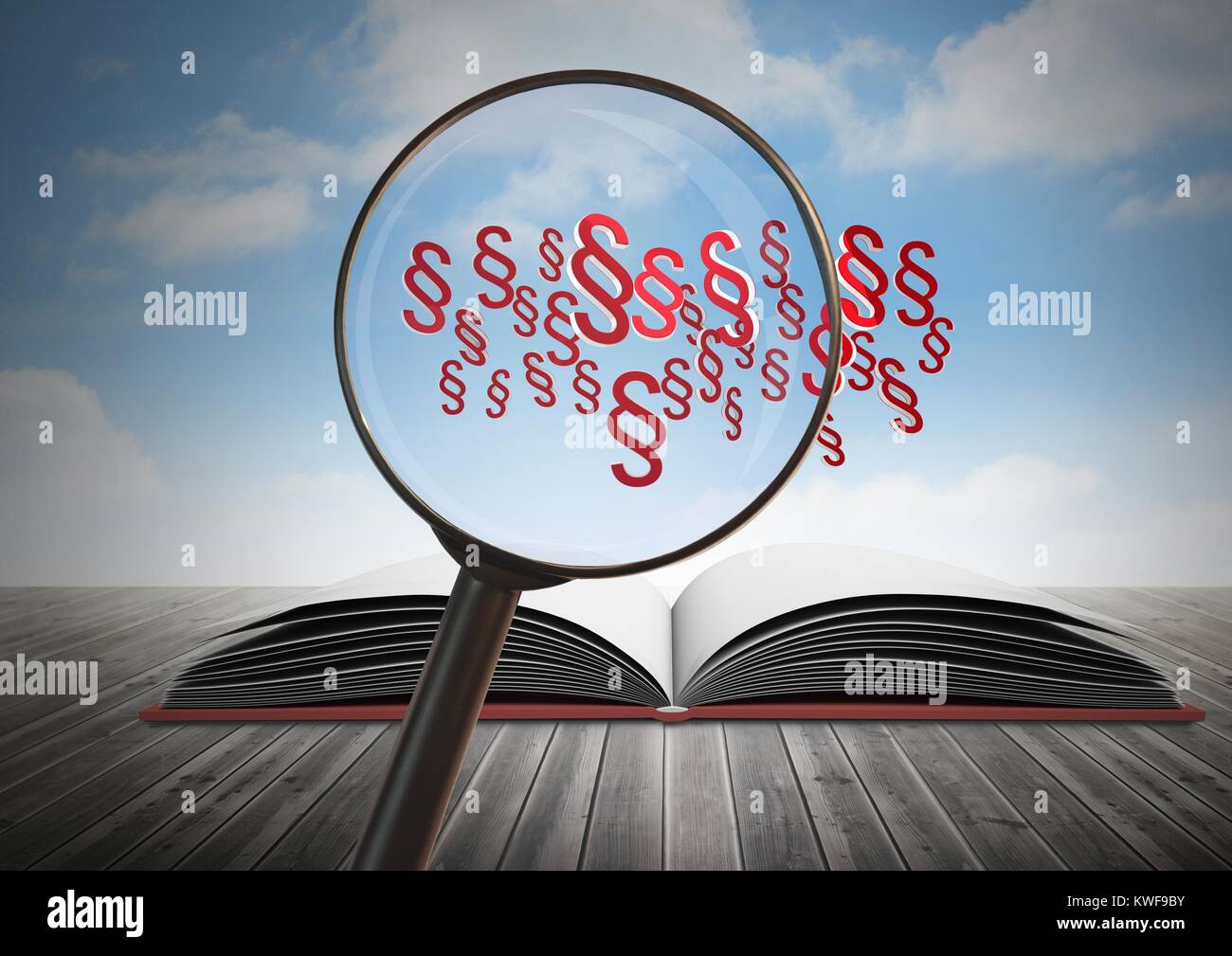 3D Magnifying glass over book with section symbol icons Stock Photo - Alamy