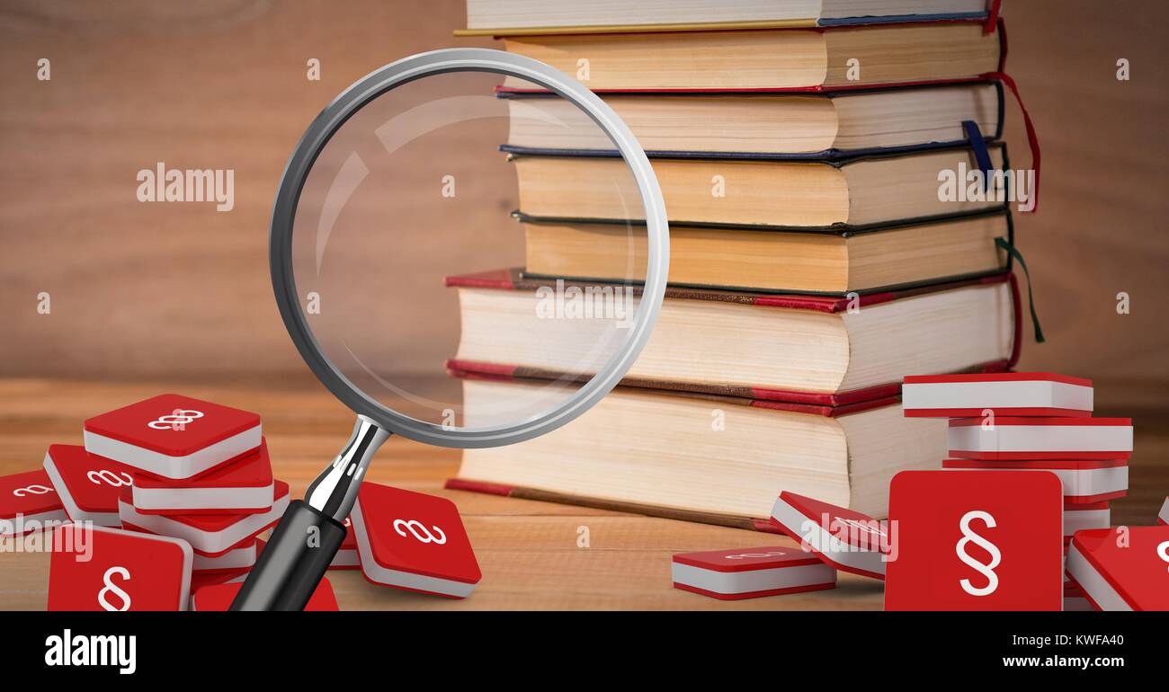 3D Magnifying glass over books with section symbol icons Stock Photo ...