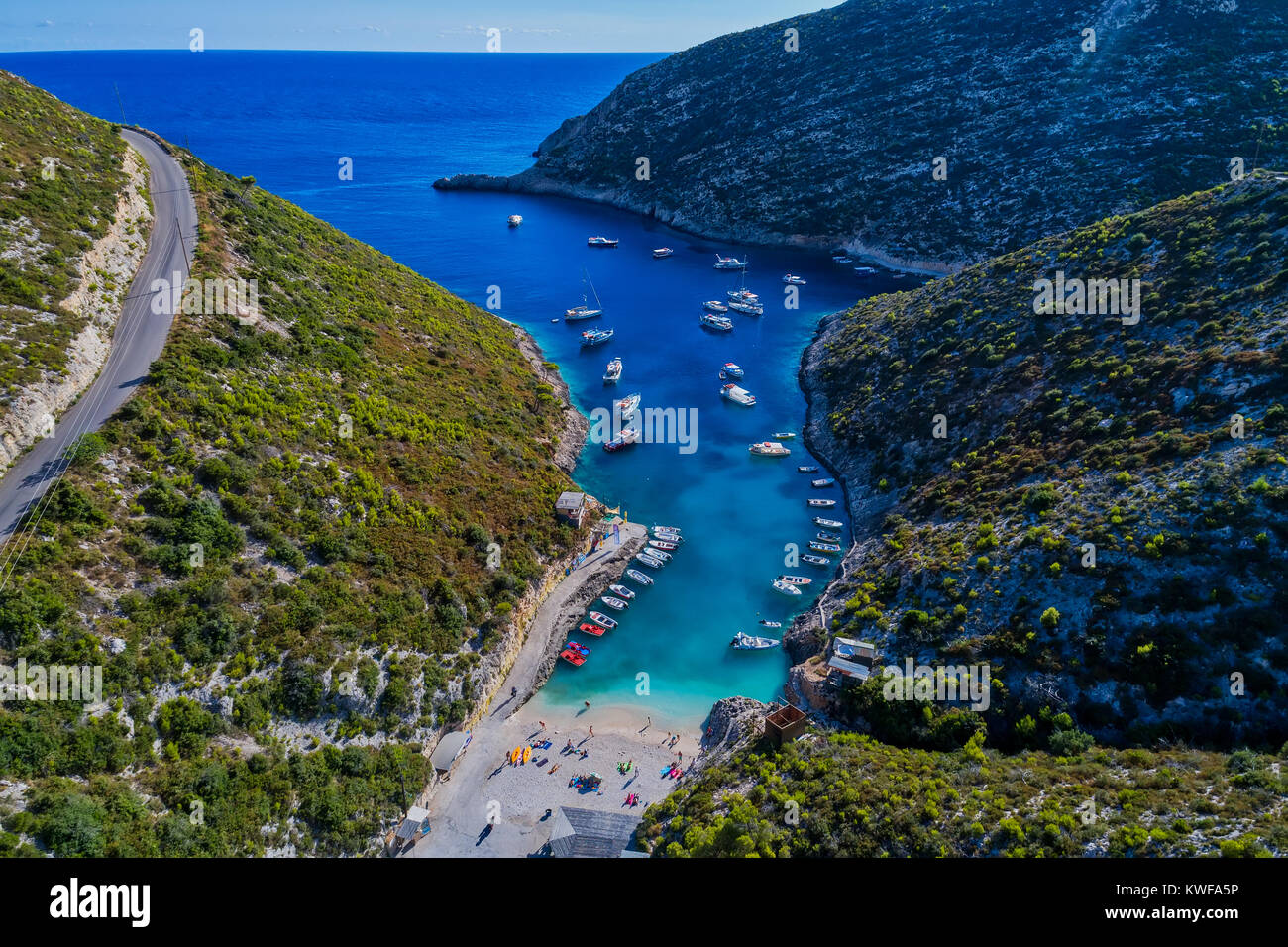 Aerial view with drone over the Porto Vromi beach in Zakynthos (Zante ...