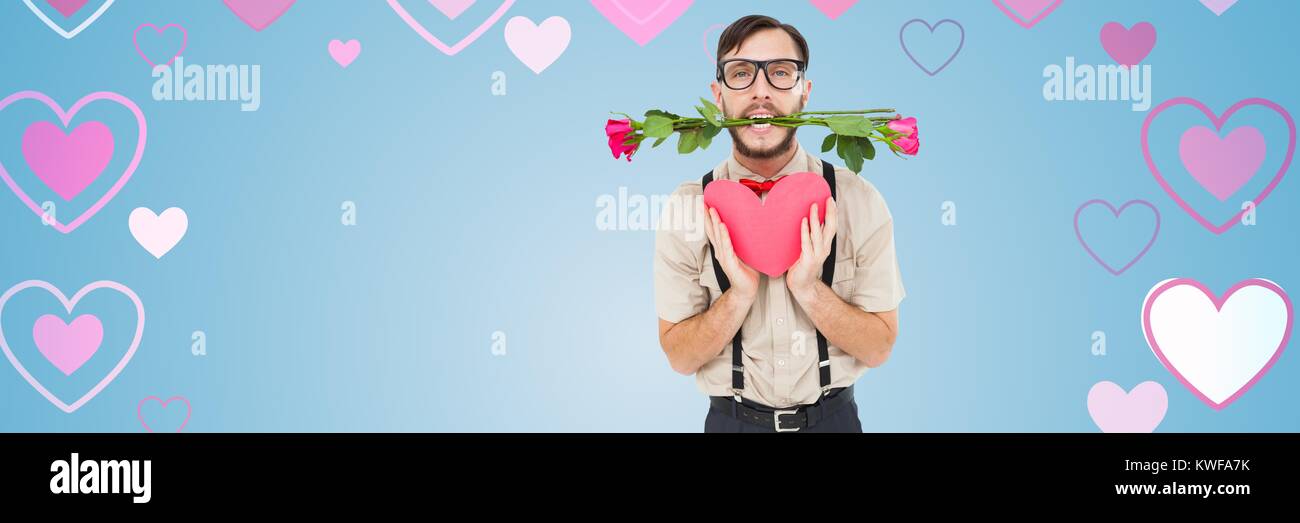 Valentines man with rose holding heart with love hearts background ...
