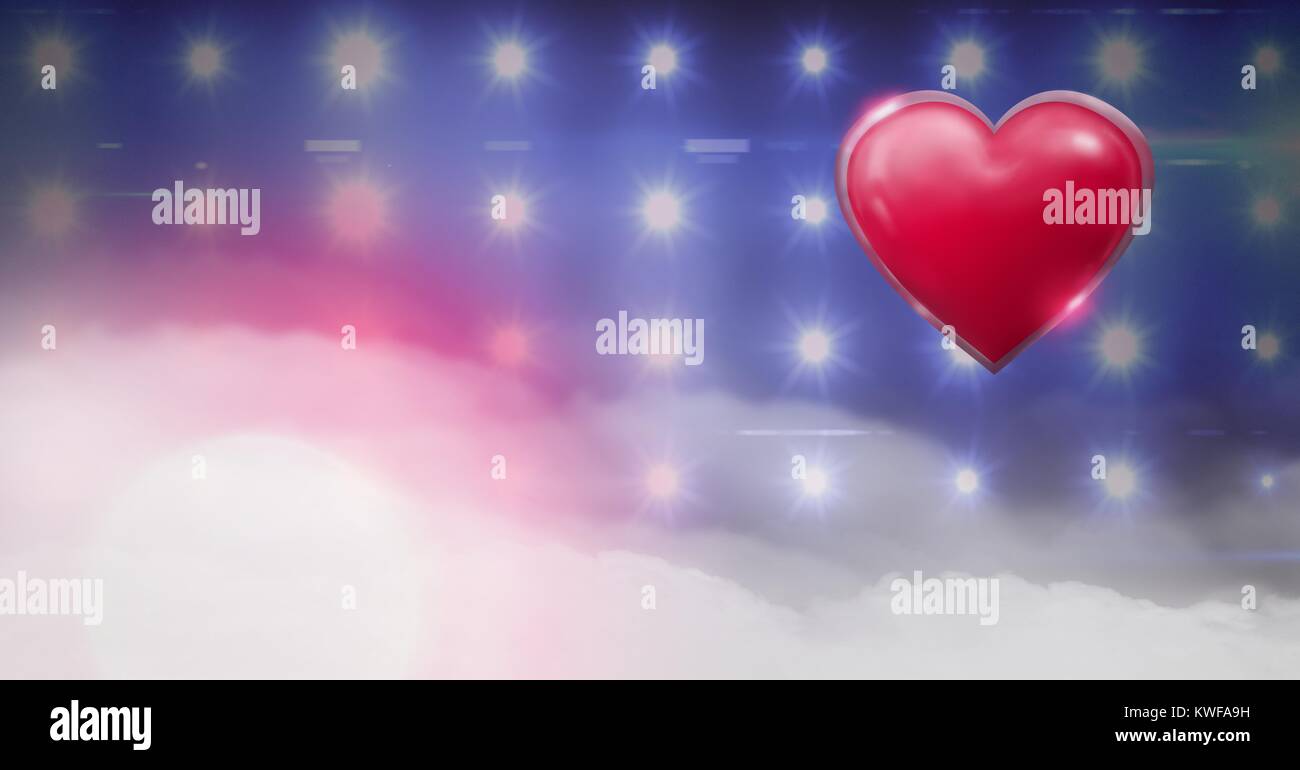 Shiny heart glowing with purple misty background and lights Stock Photo ...