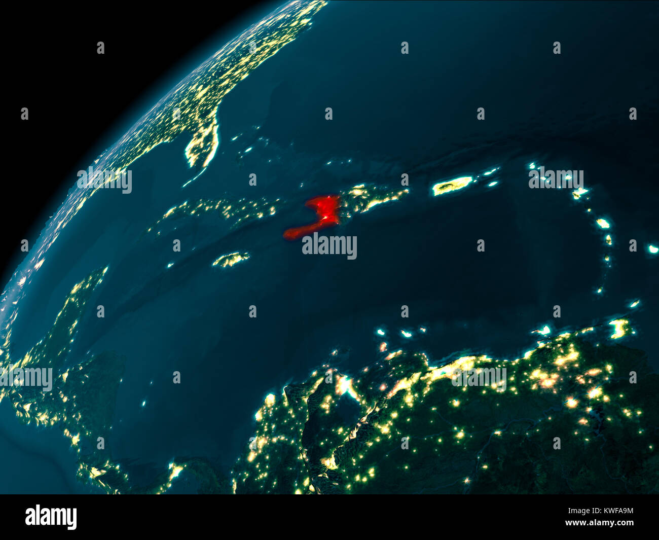 Night map of Haiti as seen from space on planet Earth. 3D illustration ...