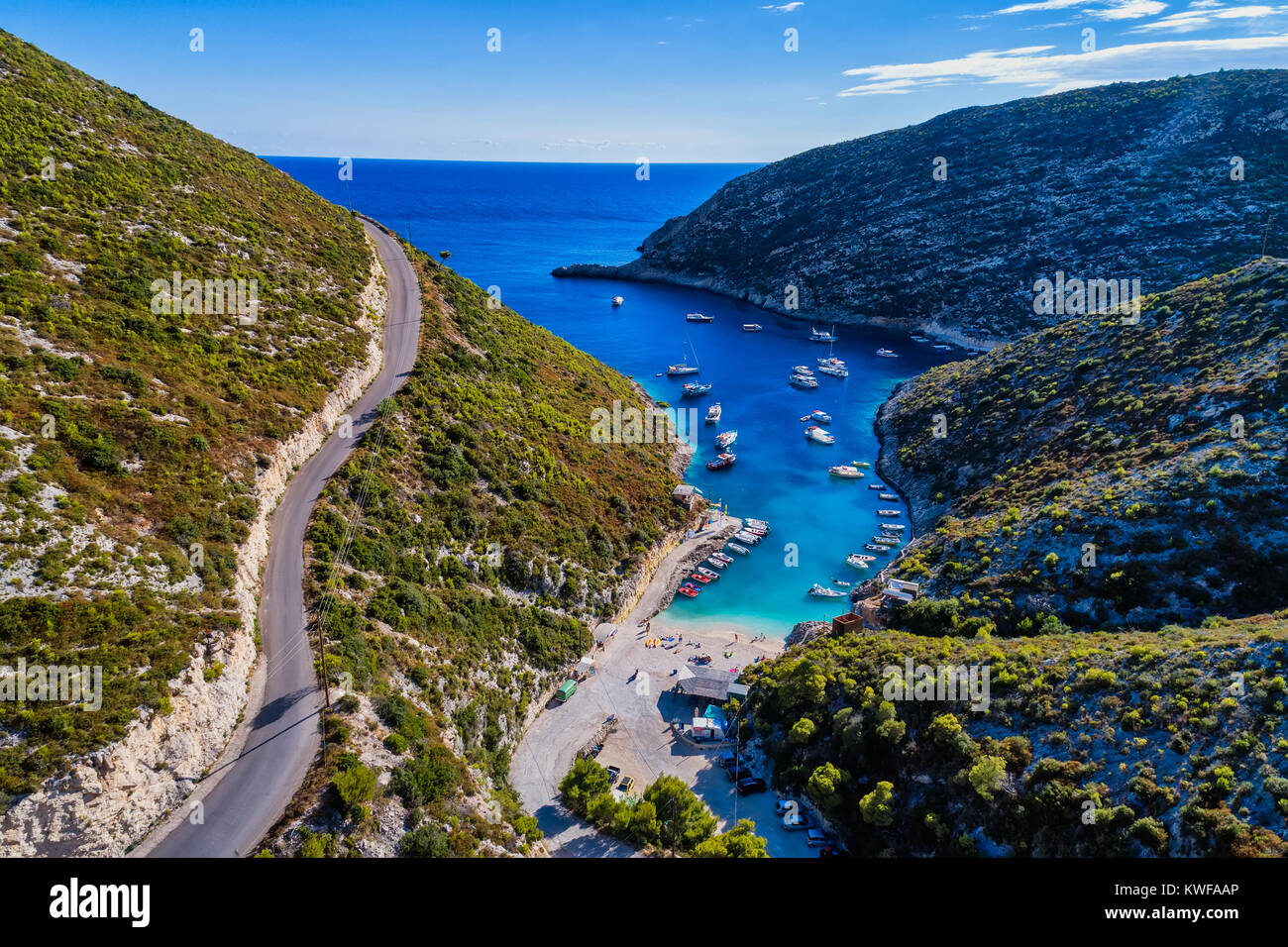 Aerial view with drone over the Porto Vromi beach in Zakynthos (Zante ...