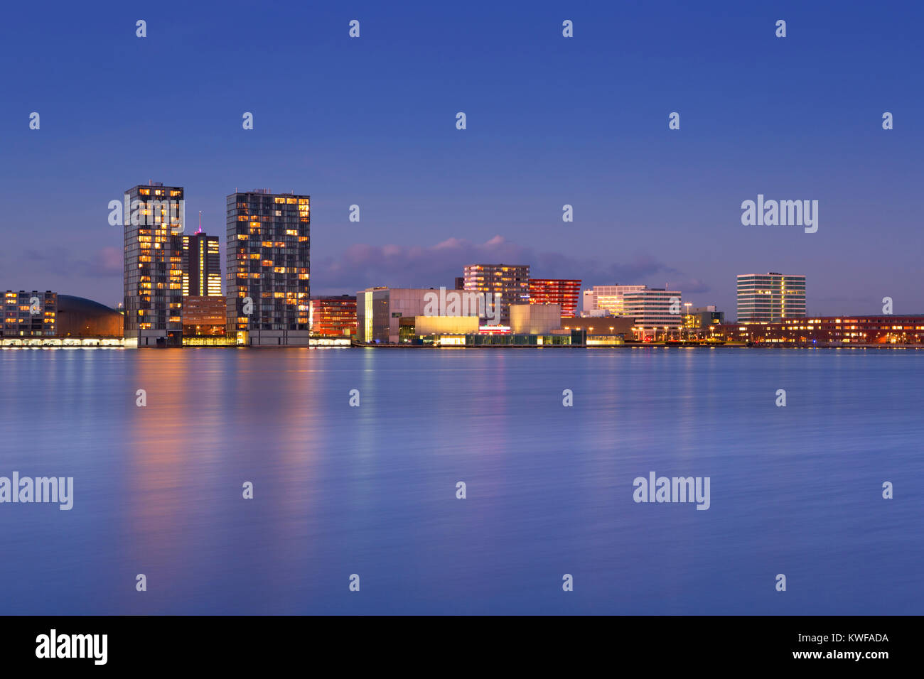The skyline of the city of Almere in The Netherlands, photographed from ...