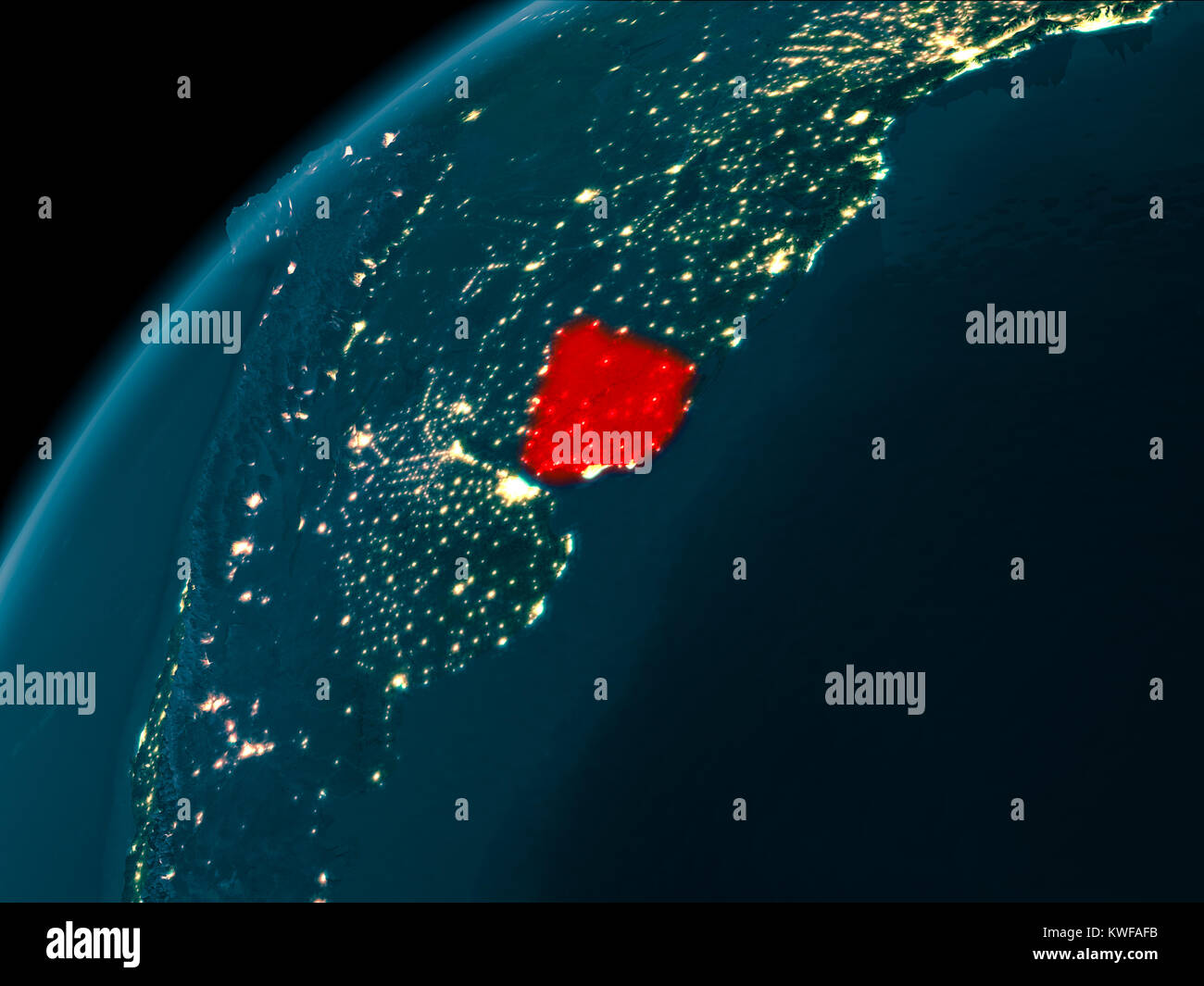 Night map of Uruguay as seen from space on planet Earth. 3D ...