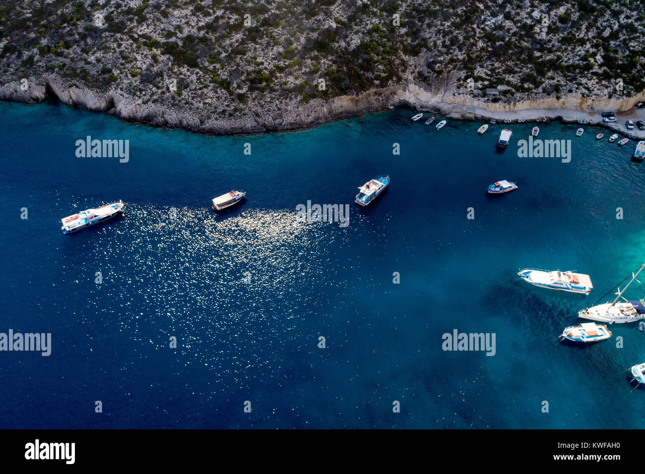 Aerial view with drone over the Porto Vromi beach in Zakynthos (Zante ...