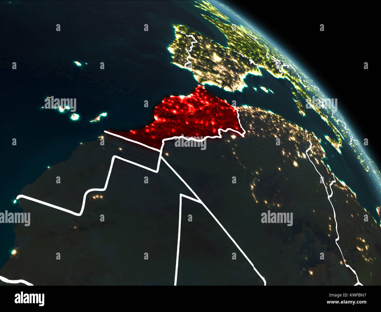 Morocco from orbit of planet Earth at night with visible borderlines ...