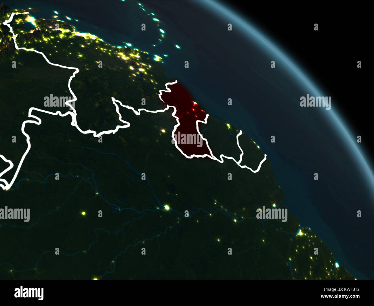 Guyana from orbit of planet Earth at night with visible borderlines and ...