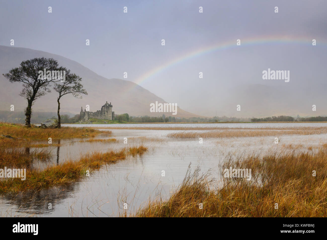 Kilchurn Castle, Loch Awe, Scotland on a rainy day in October with a ...