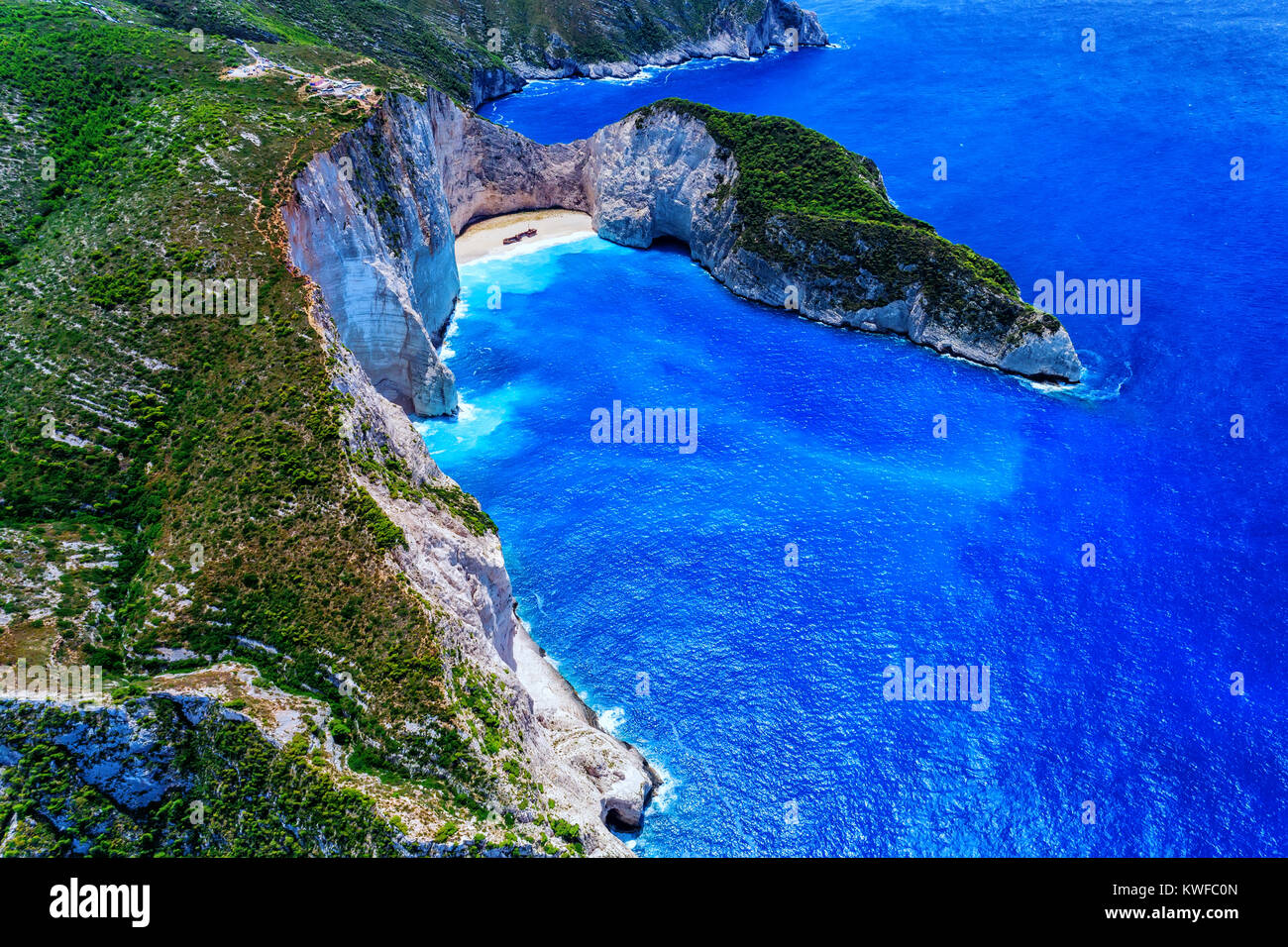 Aerial view of Navagio (Shipwreck) Beach in Zakynthos island, Greece ...