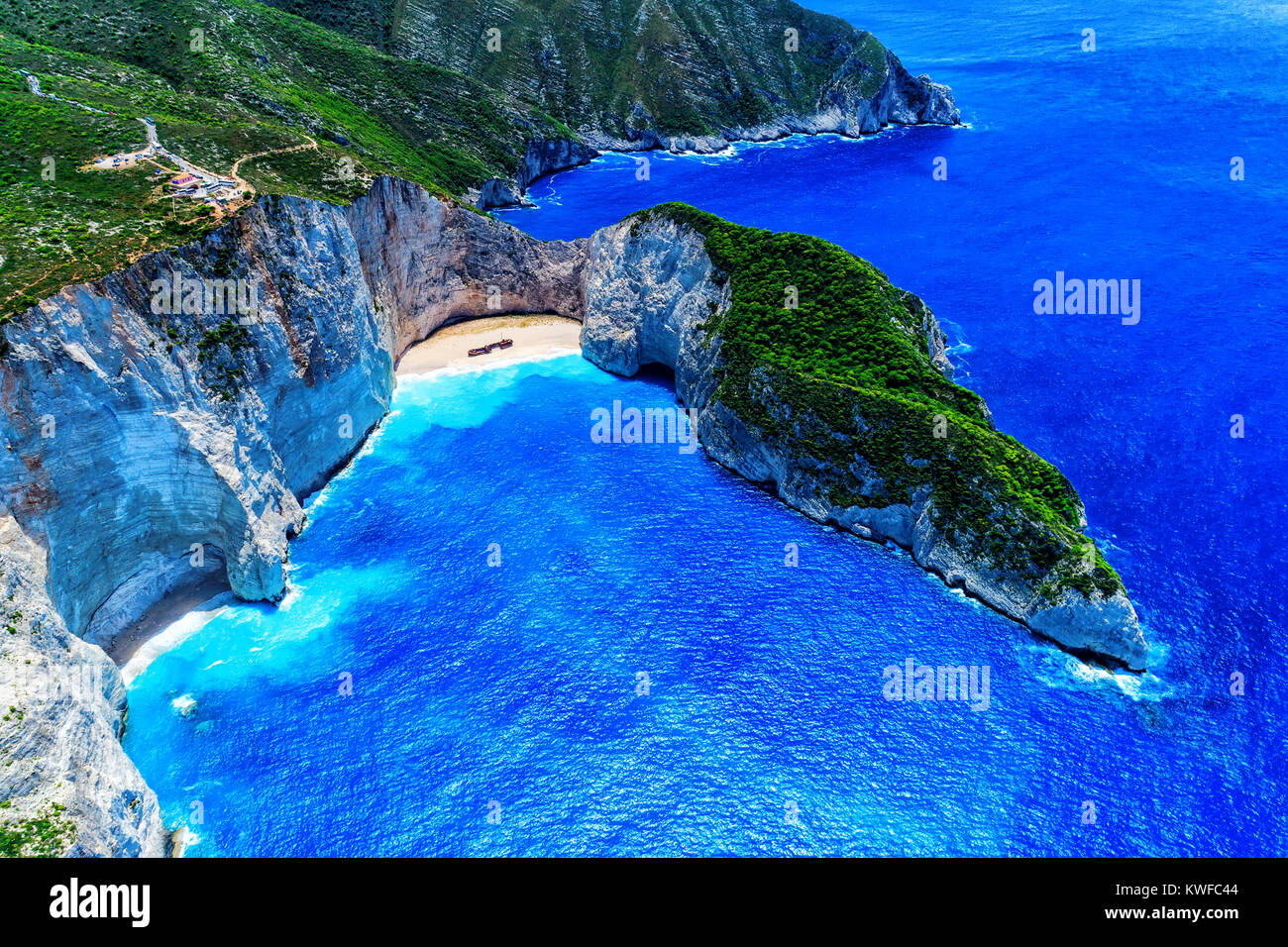 Aerial view of Navagio (Shipwreck) Beach in Zakynthos island, Greece ...