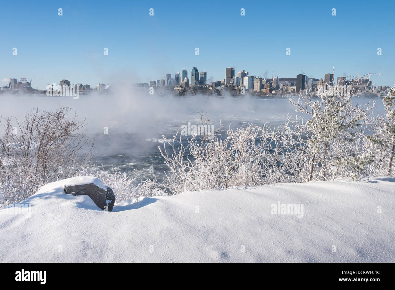 Montreal, CA - 1 January 2018: Montreal Skyline in winter as ice fog ...
