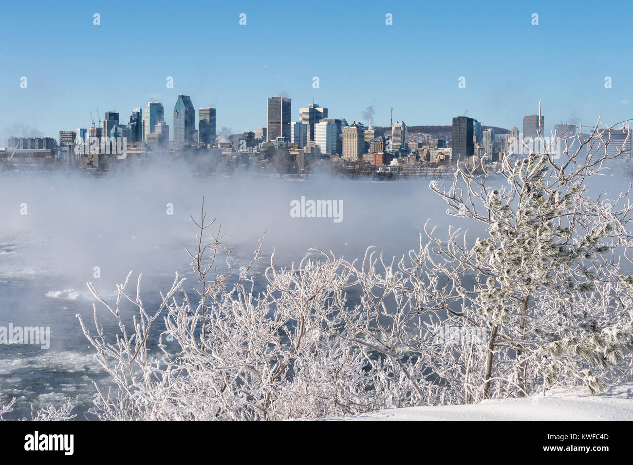 Montreal, CA - 1 January 2018: Montreal Skyline in winter as ice fog ...