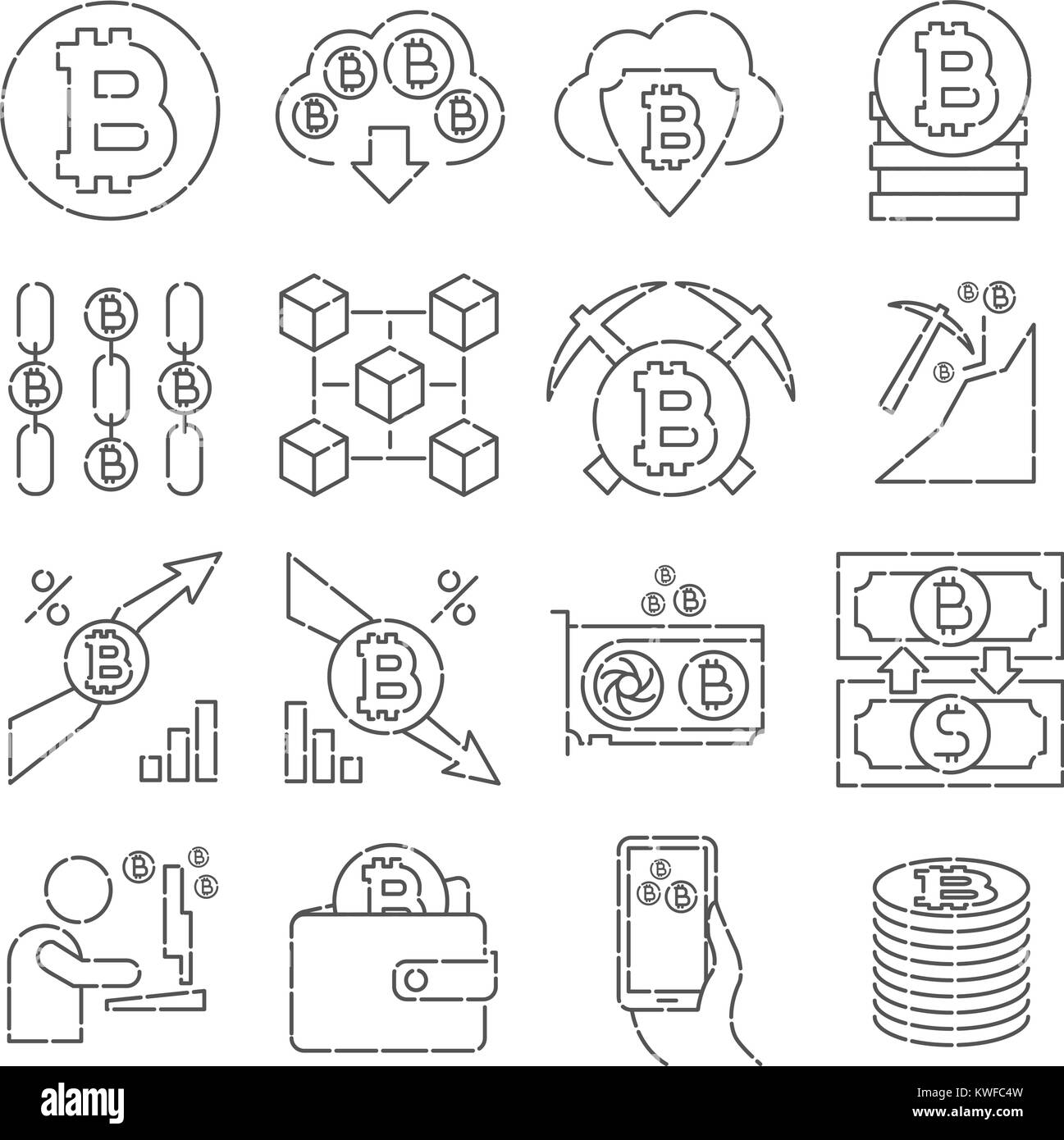 Bitcoin Mining Thin Line Icon Set. Blockchain, Cryptocyrrency Pictogram ...