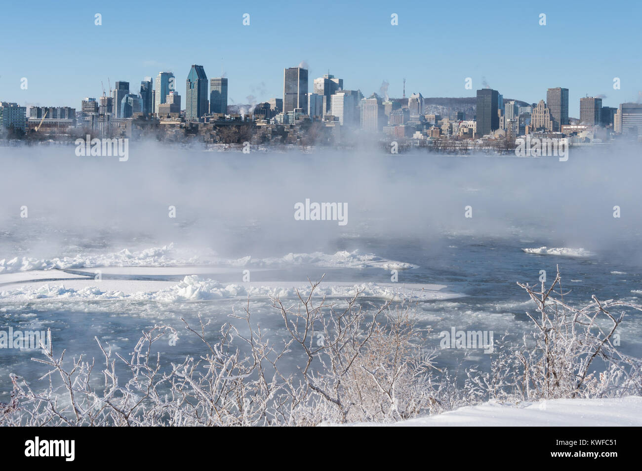 Montreal, CA - 1 January 2018: Montreal Skyline in winter as ice fog ...