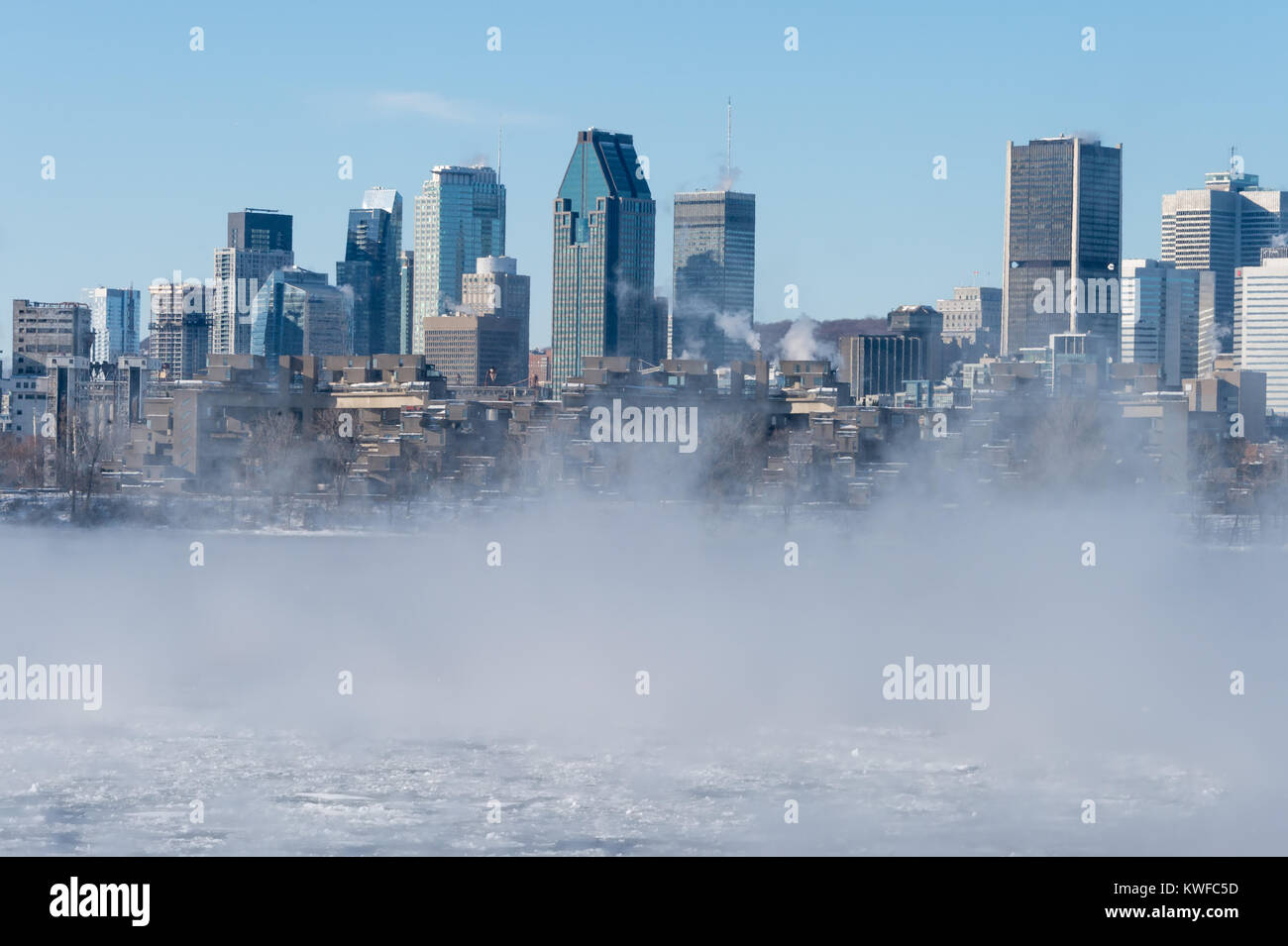 Montreal, CA - 1 January 2018: Montreal Skyline in winter as ice fog ...