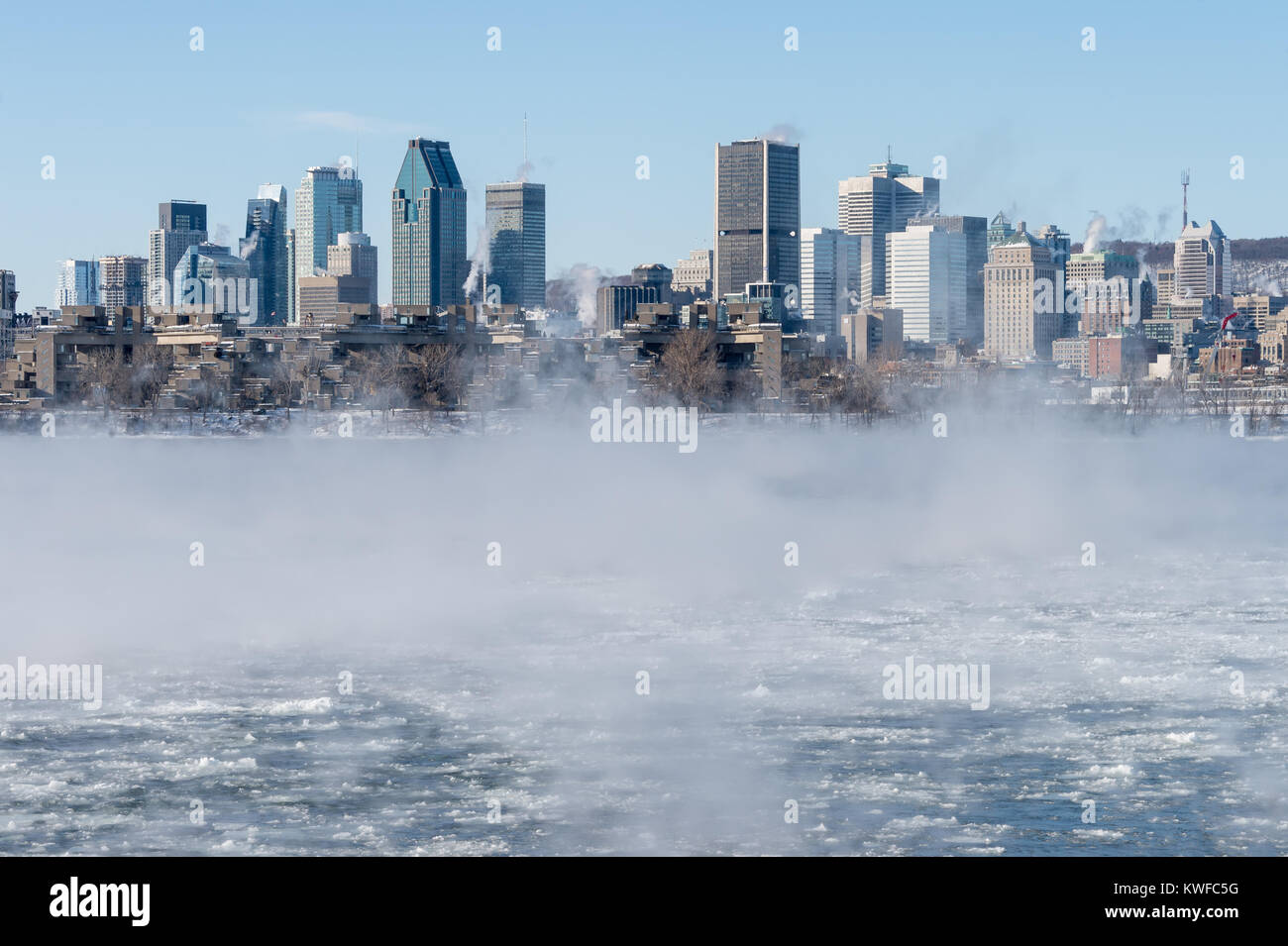 Montreal, CA - 1 January 2018: Montreal Skyline in winter as ice fog ...