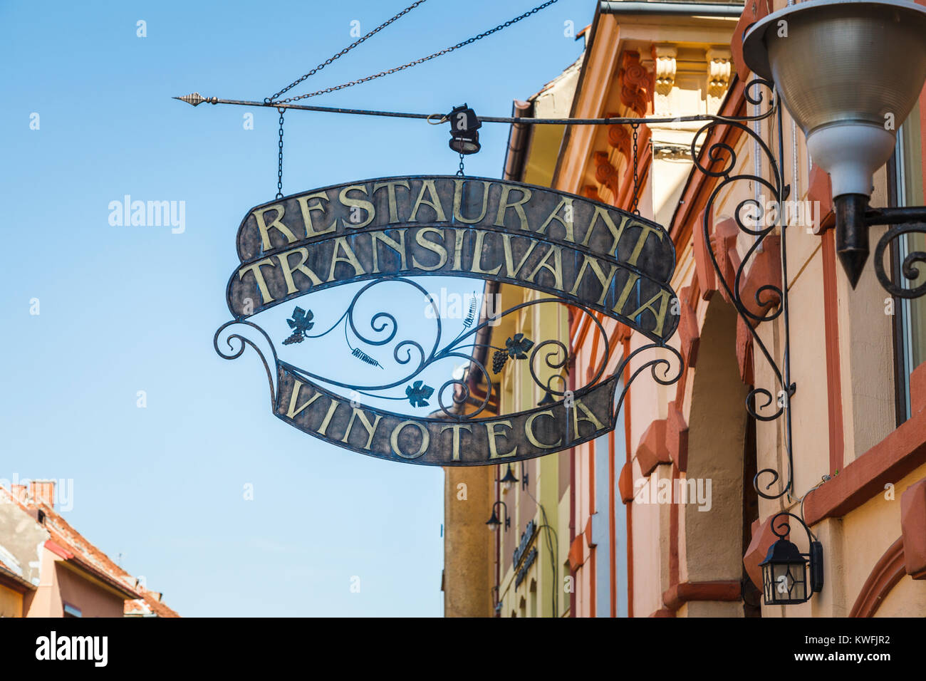 Restaurant and wine bar sign, Transilvania Vinoteca, Brasov, a city in ...