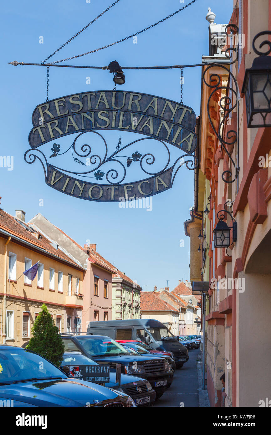 Restaurant and wine bar sign, Transilvania Vinoteca, Brasov, a city in ...