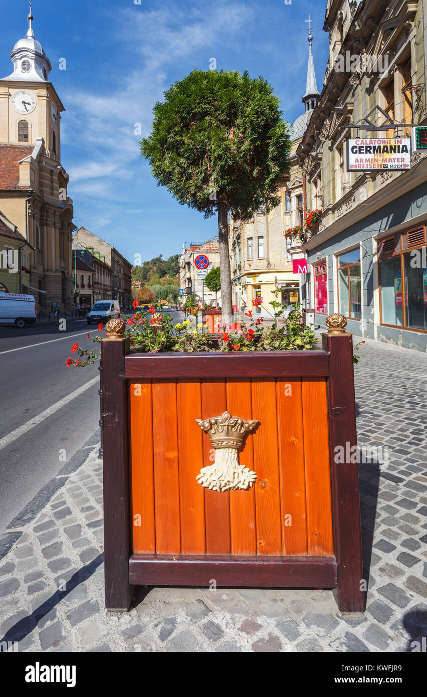 Crest on a roadside planter, downtown Brasov, a city in the central ...