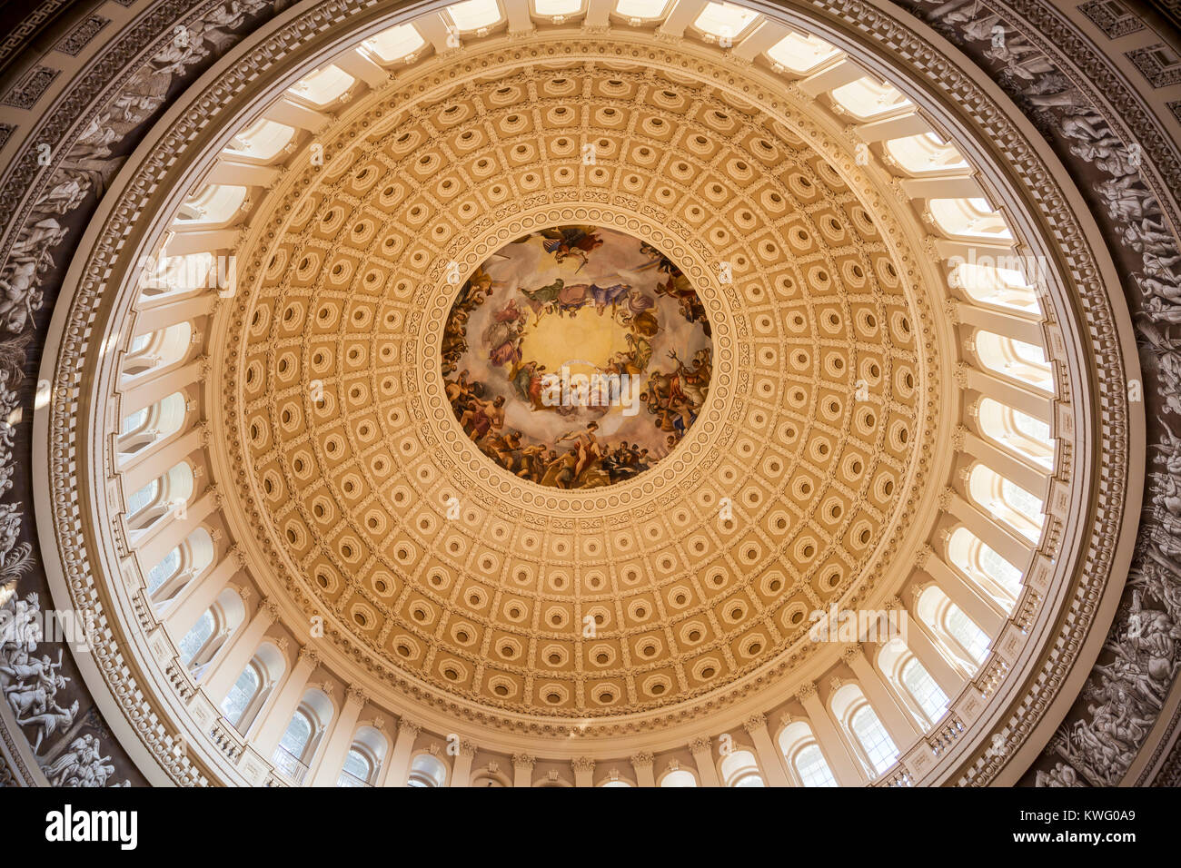 The dome ceiling above the rotunda of the US Capitol Hill building ...