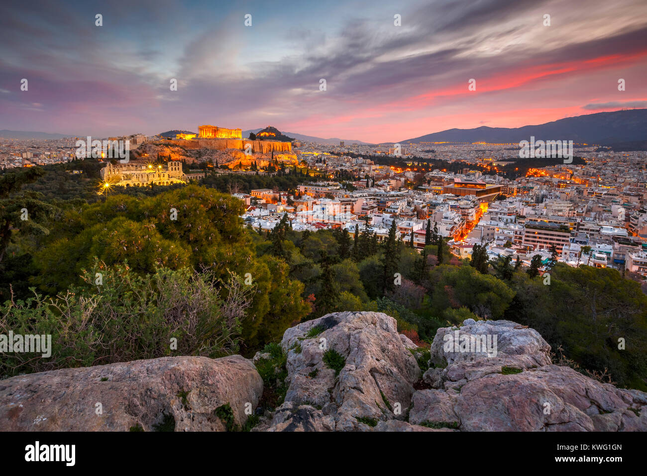 View of Acropolis from Filopappou hill at sunrise, Greece Stock Photo ...