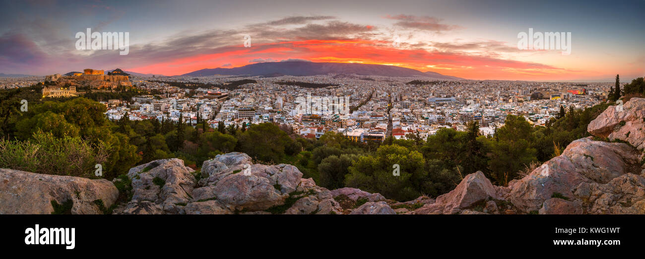 View of Acropolis from Filopappou hill at sunrise, Greece Stock Photo ...