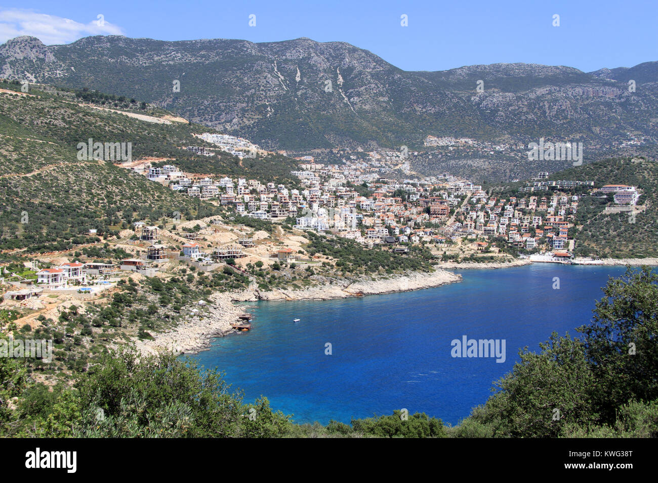 Bay and Kalkan on the Mediterranean coast of Turkey Stock Photo - Alamy