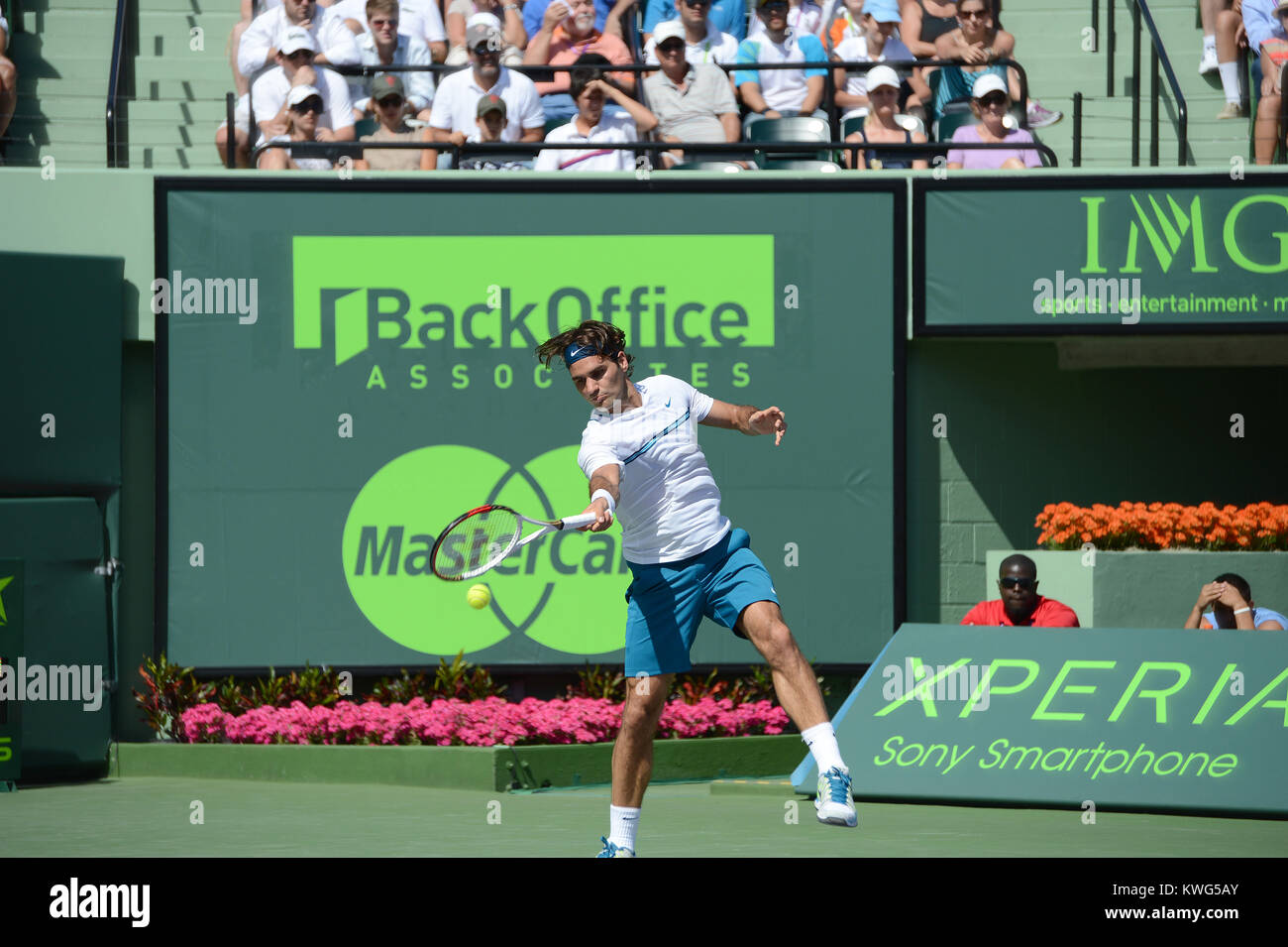 KEY BISCAYNE, FL - MARCH 24: Roger Federer of Switzerland in action ...