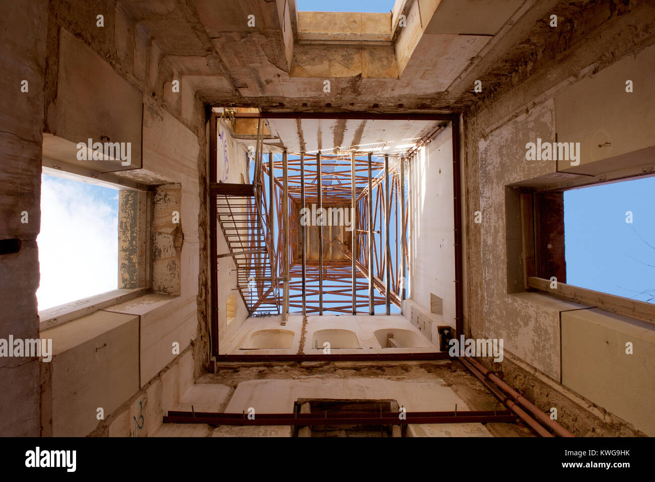 Looking up the interior of a derelict tower Stock Photo - Alamy