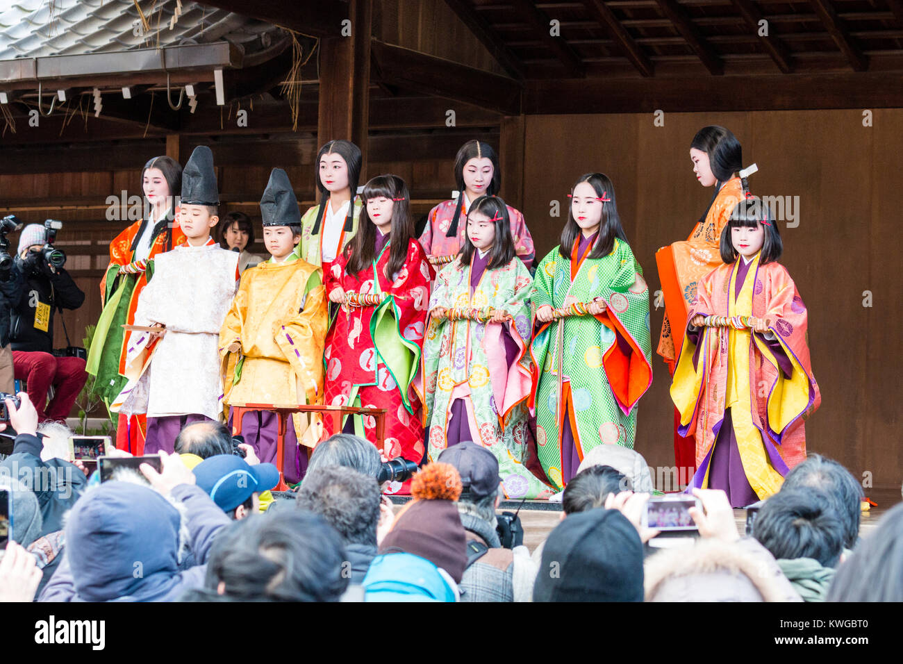 Japan, Kyoto, Yasaka Shinto shrine. 10-13 year old Children dressed in ...