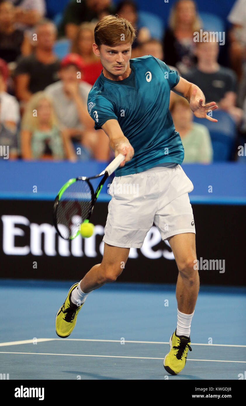 Perth, Australia. 3rd Jan, 2018. David Goffin of Belgium returns the ...