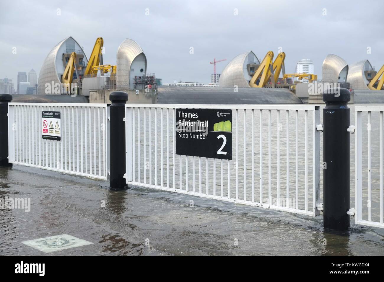 London 3rd January 2018. The Thames Barrier closes its flood gates to ...