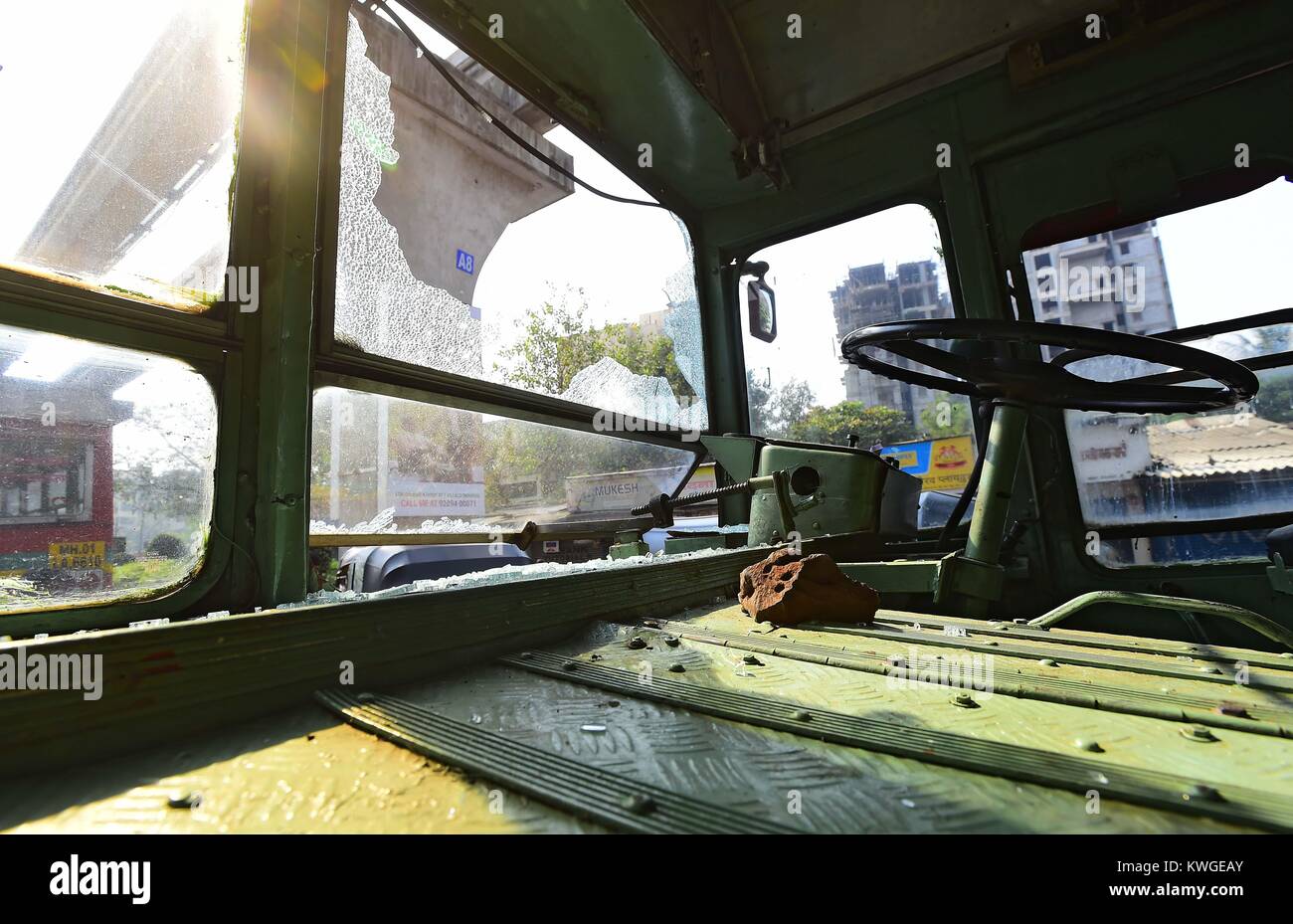 MUMBAI, INDIA - JANUARY 2: Dalit protesters vandalized BEST bus at ...
