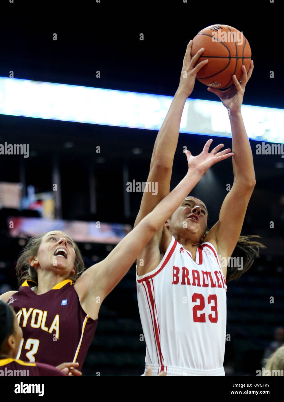 Moline, Iowa, USA. 9th Mar, 2017. Bradley's Leti Lerma grabs the ...