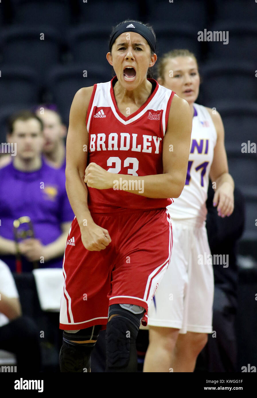 Moline, Iowa, USA. 10th Mar, 2017. Bradley's Leti Lerma reacts after ...