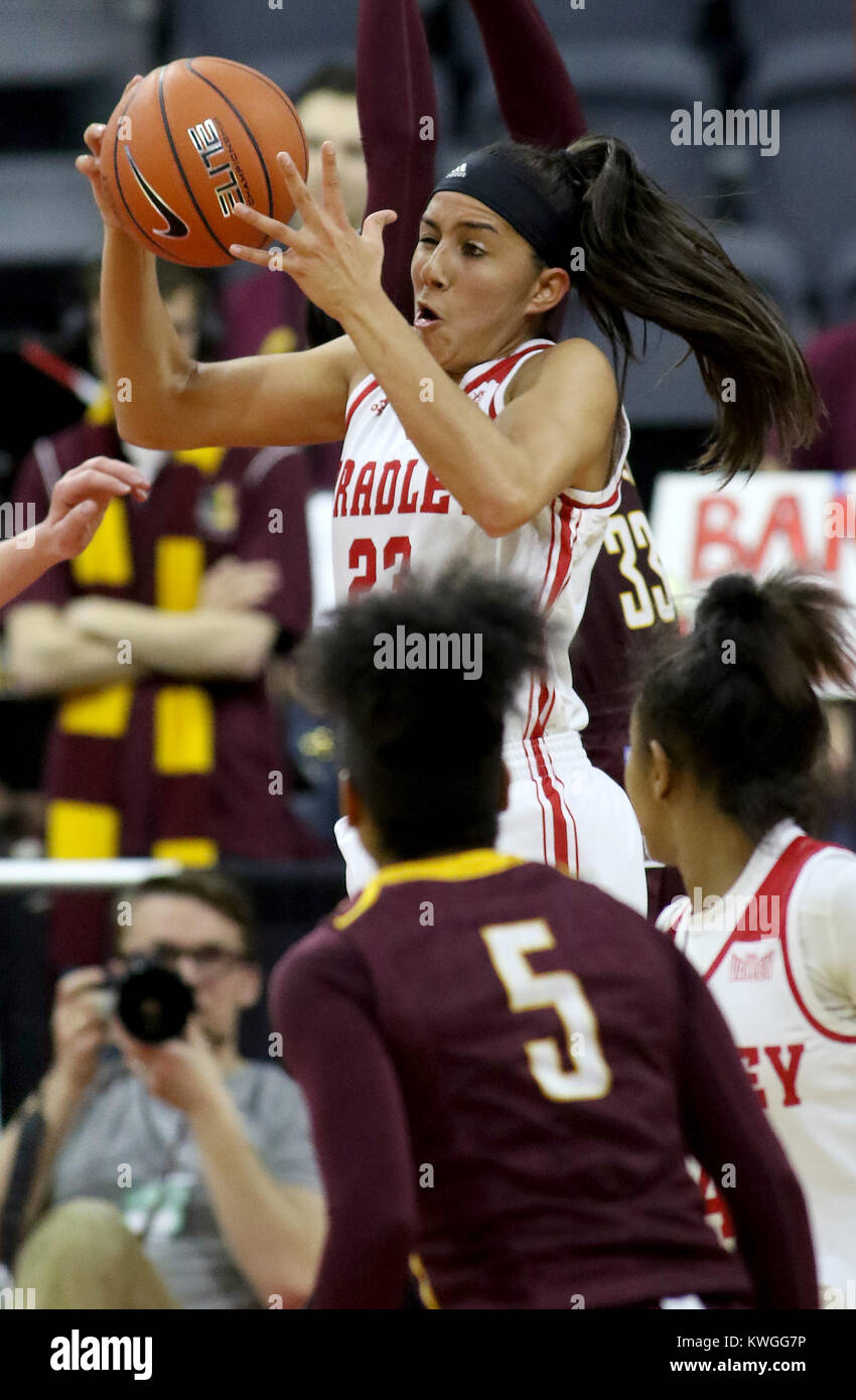 Moline, Iowa, USA. 9th Mar, 2017. Bradley's Leti Lerma grabs the ...