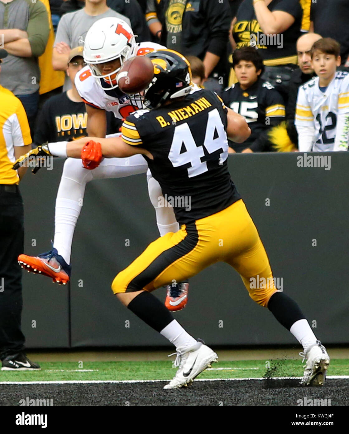 Iowa City, Iowa, USA. 7th Oct, 2017. Iowa linebacker Ben Niemann knocks ...