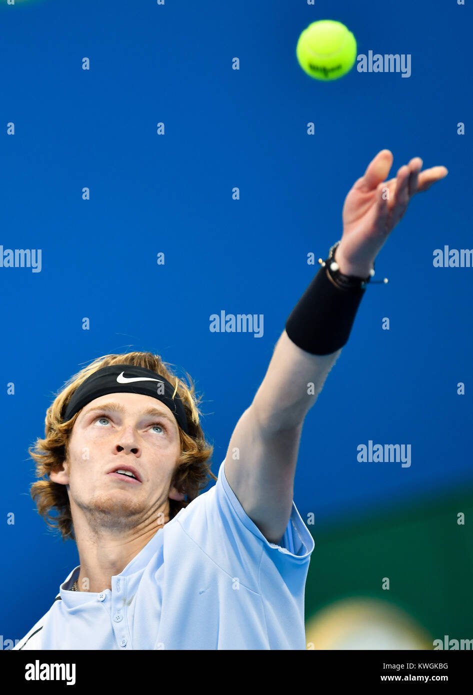 Doha, Qatar. 3rd Jan, 2018. Andrey Rublev of Russia serves during the singles second round match ...