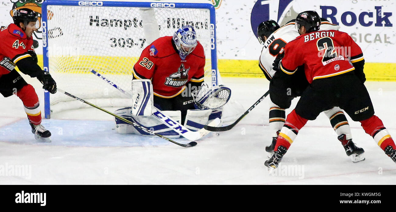 Moline, Iowa, USA. 8th Nov, 2017. Adirondack's goalie Nick Riopel ...