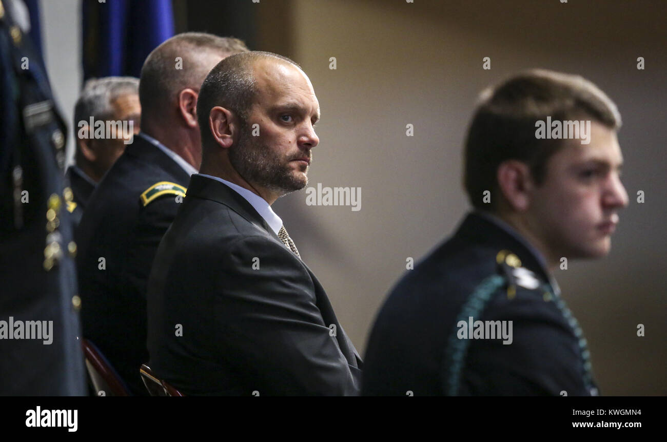 Davenport, Iowa, USA. 6th Dec, 2017. Principal Jon Flynn listens to a speaker in the Kahler ...