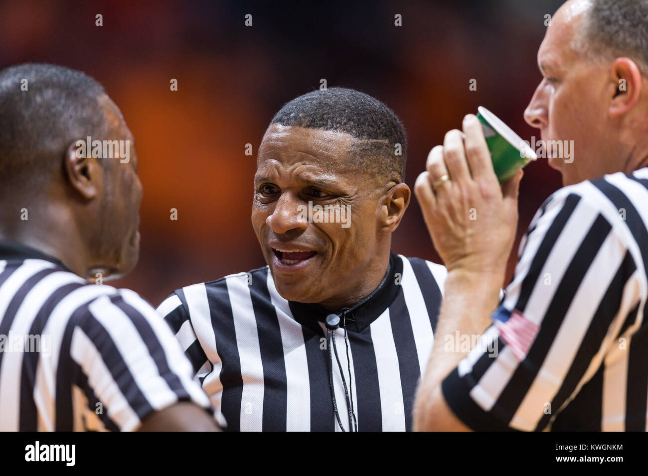 January 2, 2018: the referees enjoy a moment during a timeout during ...