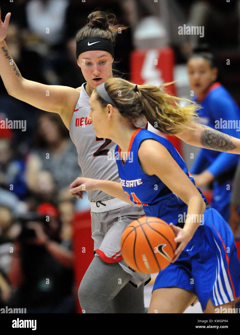 Albuquerque, NM, USA. 3rd Jan, 2018. UNM's #2 Tesha Buck guards Boise's ...