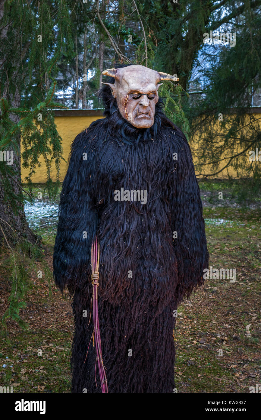 Krampus or devil mask, carved wooden mask, Christkindlmarkt Hellbrunn ...