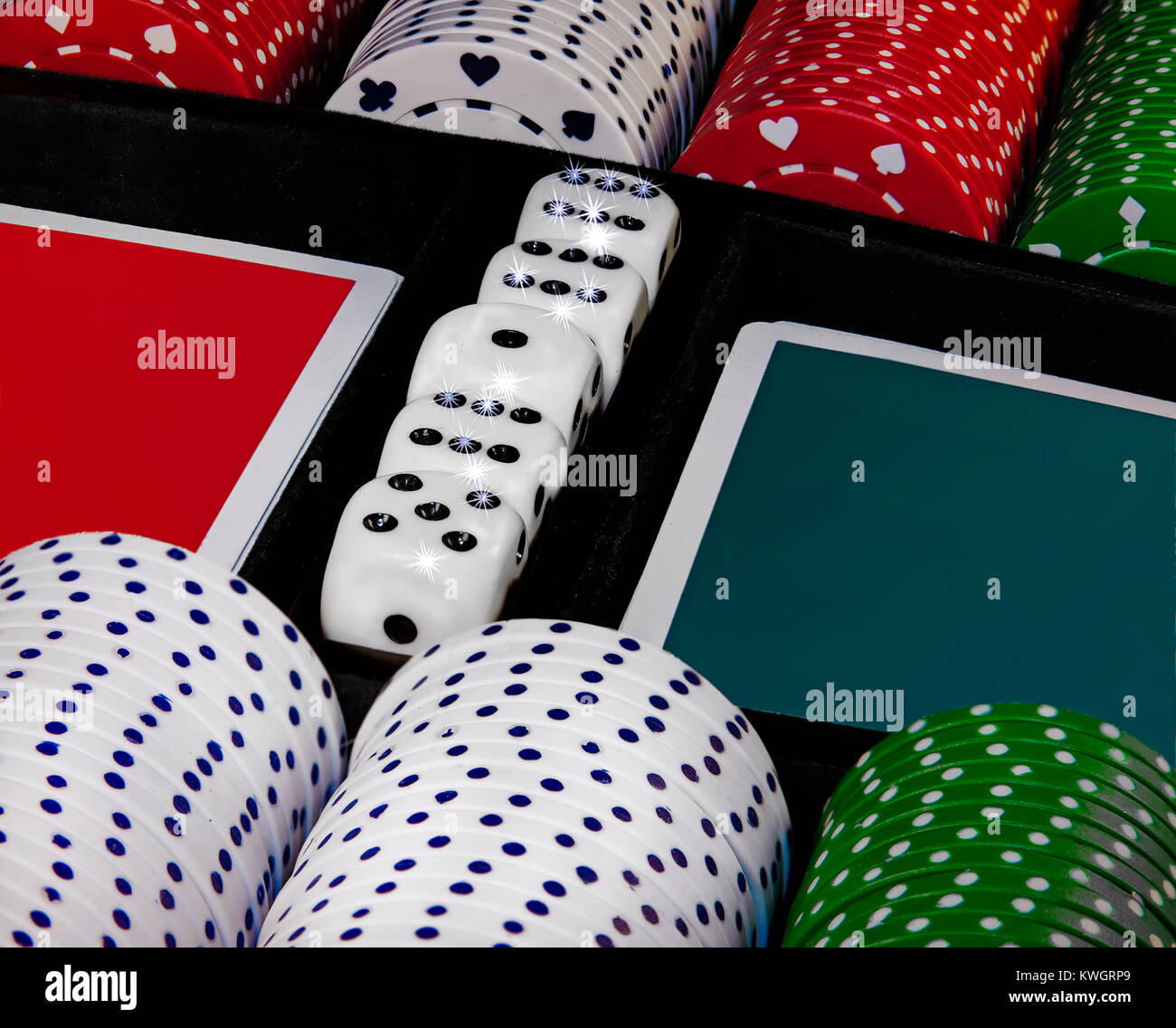Deck of cards with dice and chips. Closeup Stock Photo - Alamy