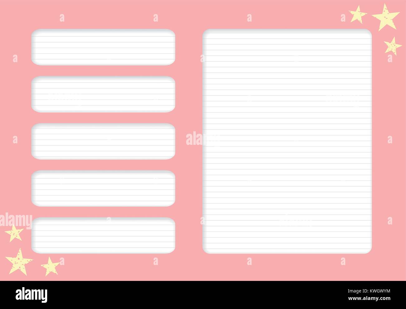 Pink text boxes with lined paper and yellow stars on corners Stock ...