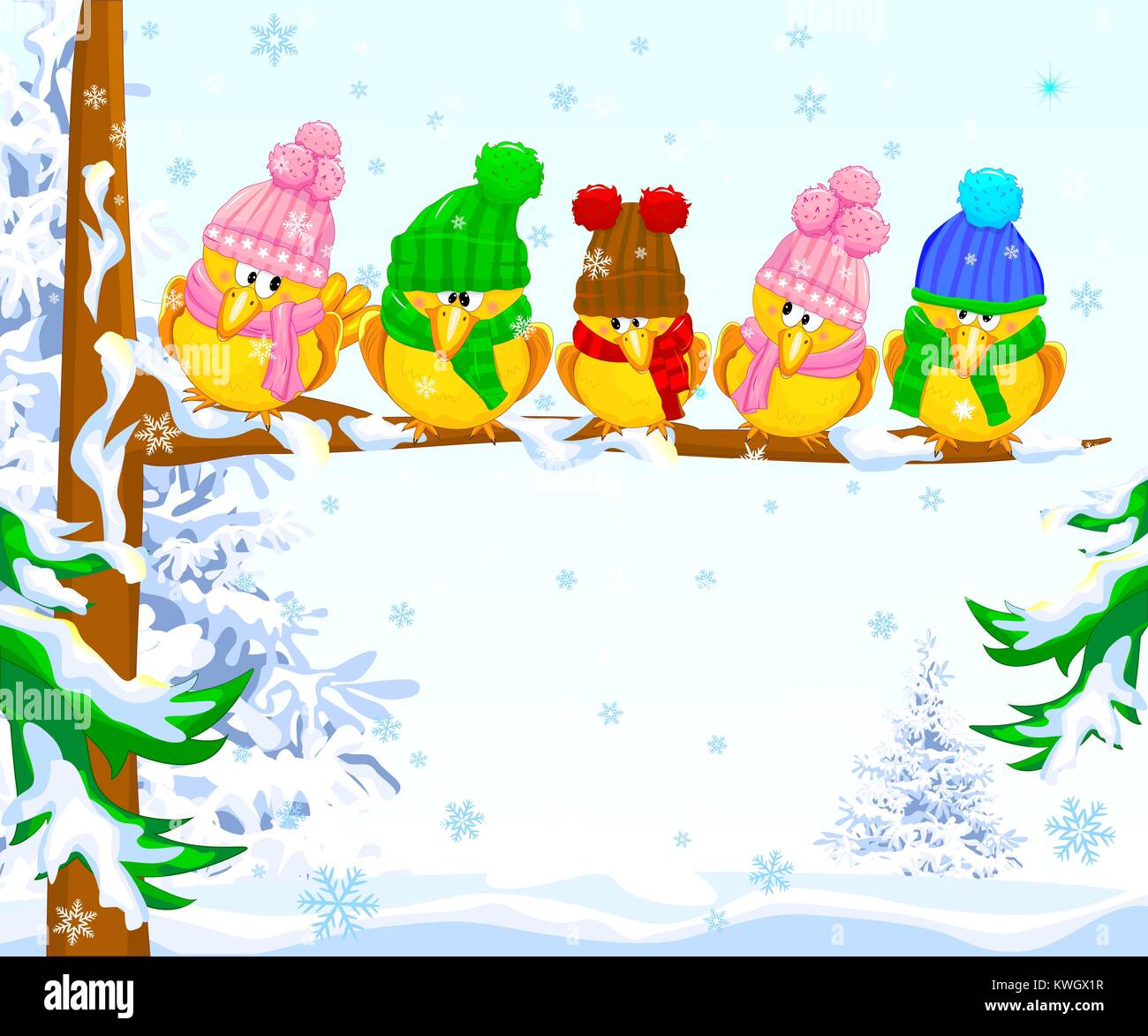 Birds in the winter forest . Birds sitting on a branch. Birds dressed ...