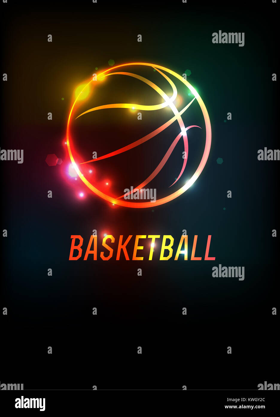 A glowing basketball icon and word on a dark background illustration ...