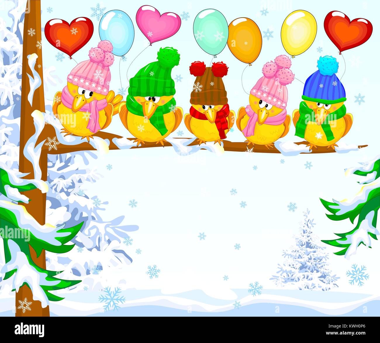 Birds with balloons. Birds sitting on a branch. Birds dressed in ...